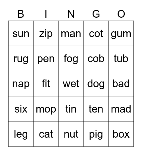 CVC Words Bingo Card