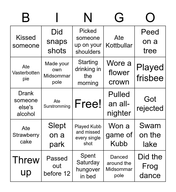 Post Midsommar Regrets Bingo Card