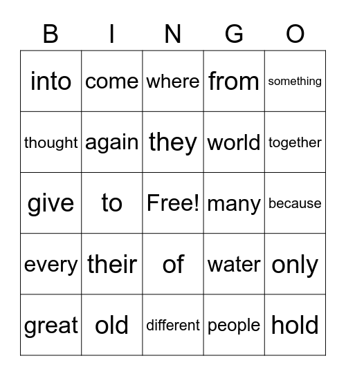 Tricky Word Bingo Card