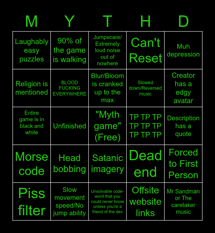 Myth Game Bingo Card