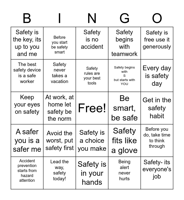 BSAFE Bingo Card