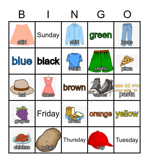 Pre-Lit Review: Food, Clothes, Colors, Days Bingo Card
