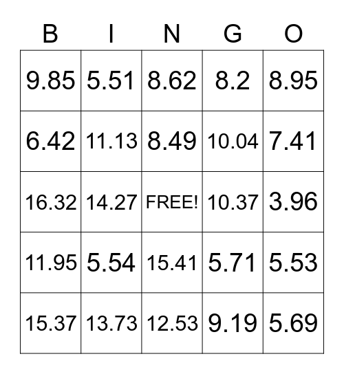 Adding Decimals Bingo Card