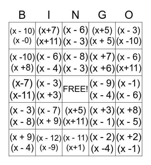 Polynomials BINGO Card