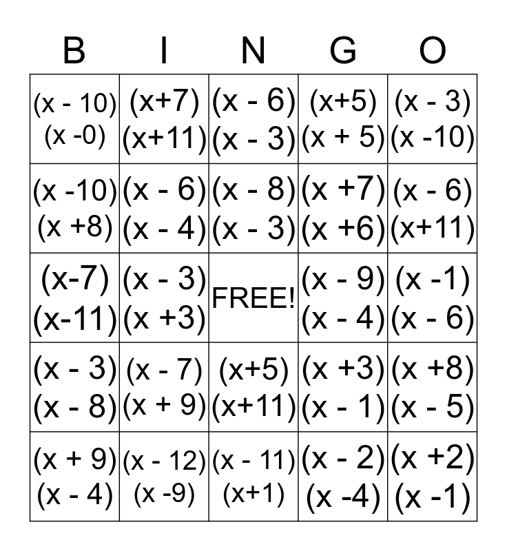 Polynomials BINGO Card