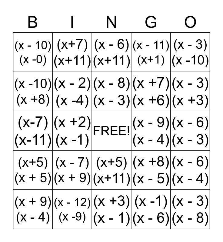 Polynomials BINGO Card