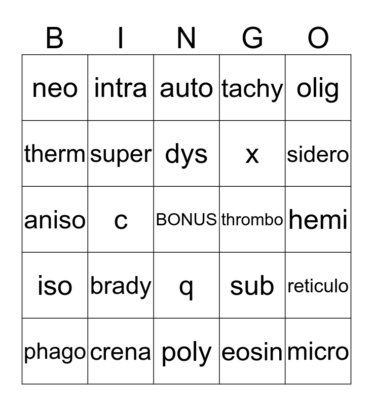 Prefixes and Symbols BINGO Card