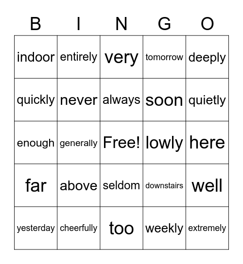 Adverbs Bingo Card