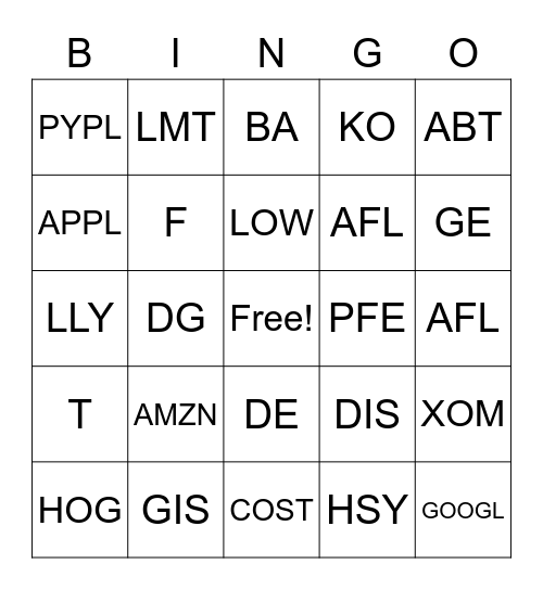 Stock Symbols Bingo Card
