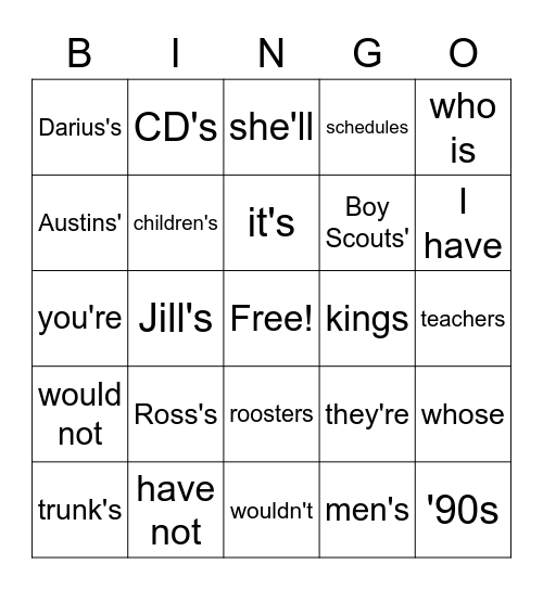Apostrophes Bingo Card