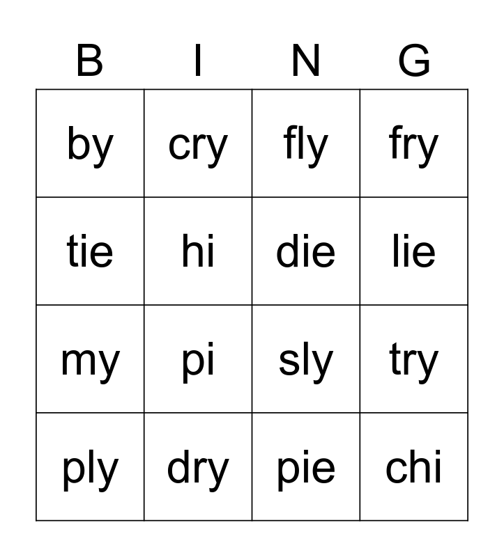 i, ie and y Bingo Card
