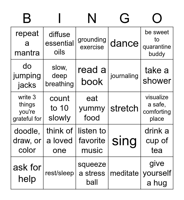 Ways to Relieve Stress Bingo Card