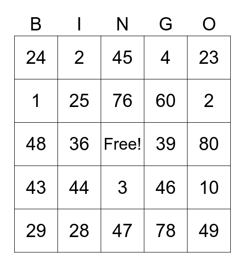 Number Bingo 1-45 Bingo Card