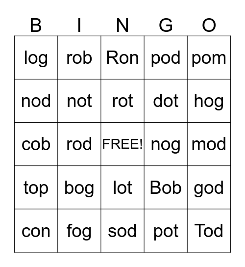 Short O Words Bingo Card