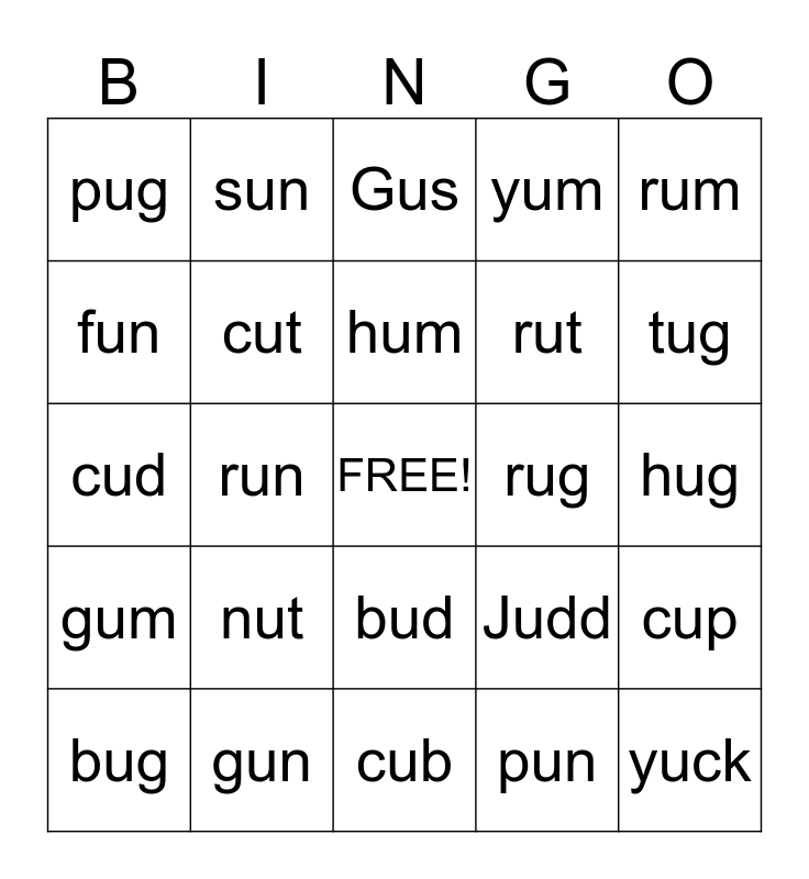 Short U Words Bingo Card