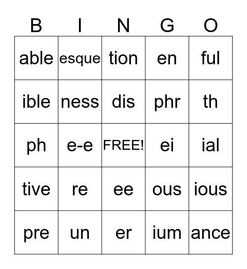 Prefix/Suffix of the Week Bingo Card