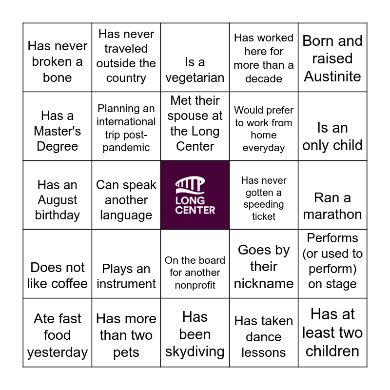 LONG CENTER BINGO Card