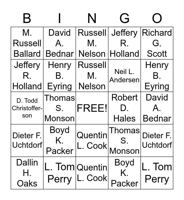 LDS Apostles and Prophets Bingo Card