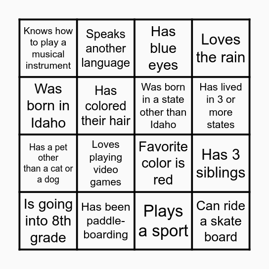 Similarity Game Bingo Card Similarity Game Bingo Card