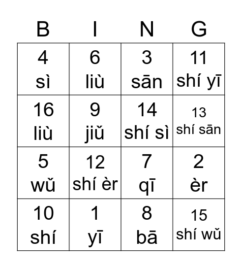 Angka dalam Pinyin Bingo Card