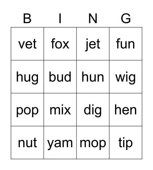 CVC Words Bingo Card