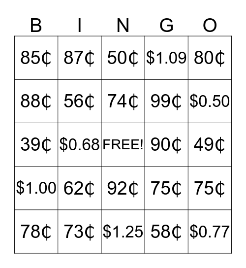 Counting Coins Bingo Card