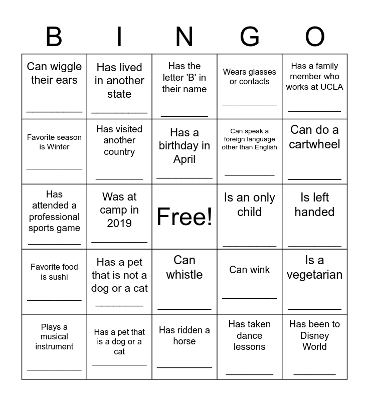 Find a Friend Bingo Card