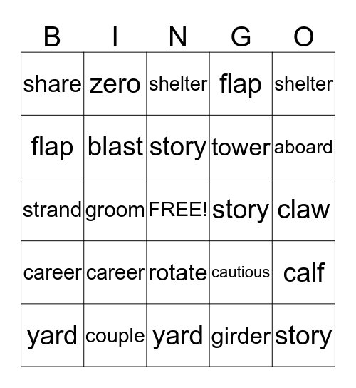 Vocaburlary Words and Meanings Bingo Card