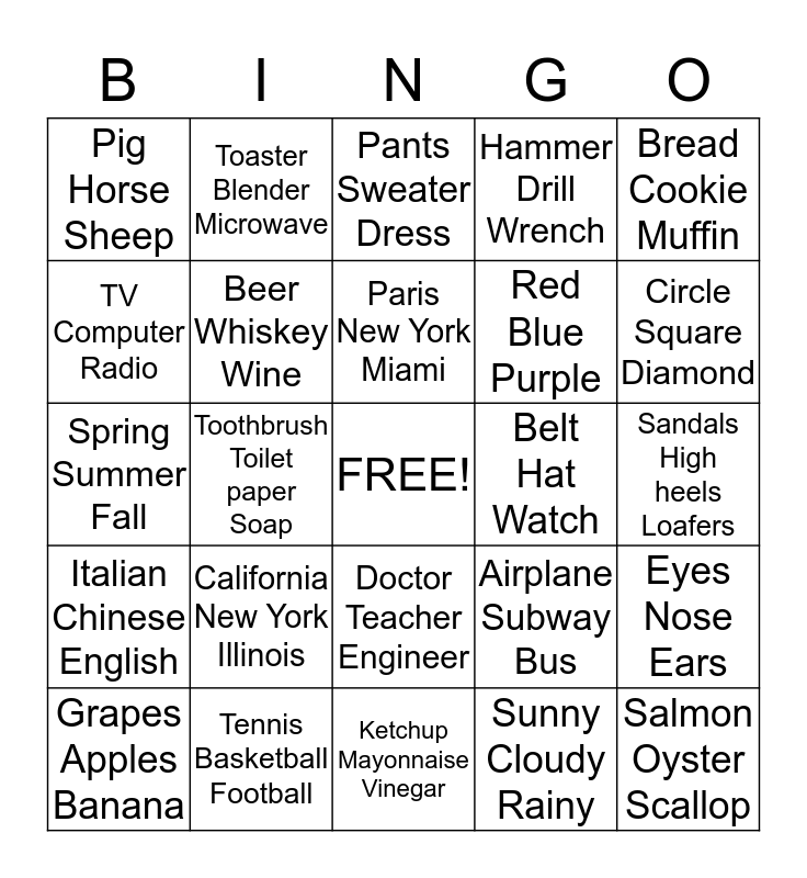Category Bingo Card