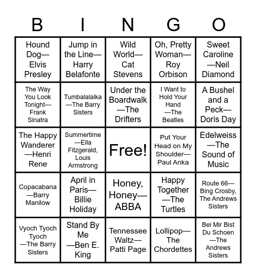 JukeBox Bingo Card