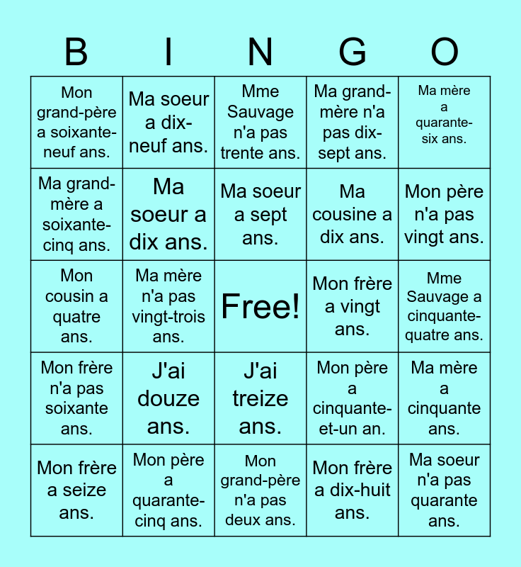 Avoir and age - French squares Bingo Card