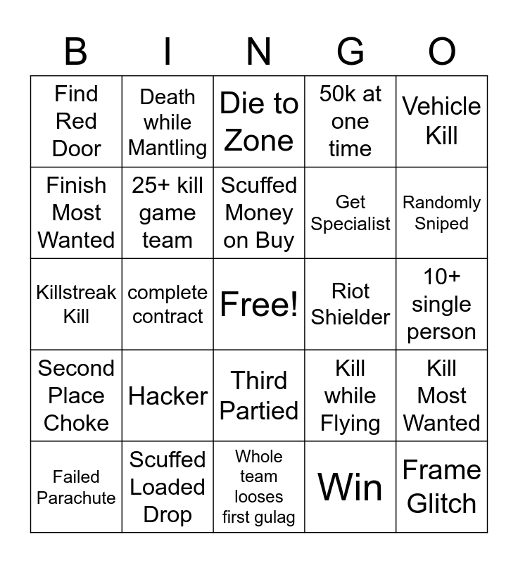 COD Warzone Drinking Bingo Card