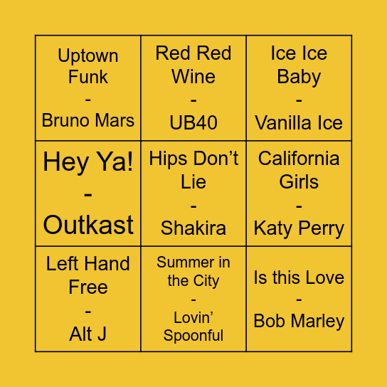 Summer Music Bingo Card