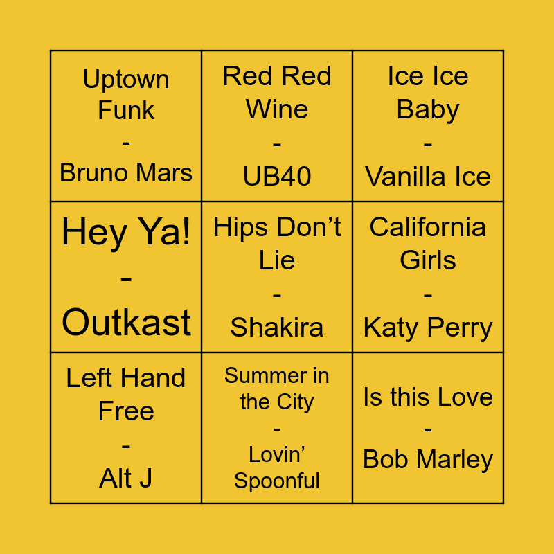Summer Music Bingo Card