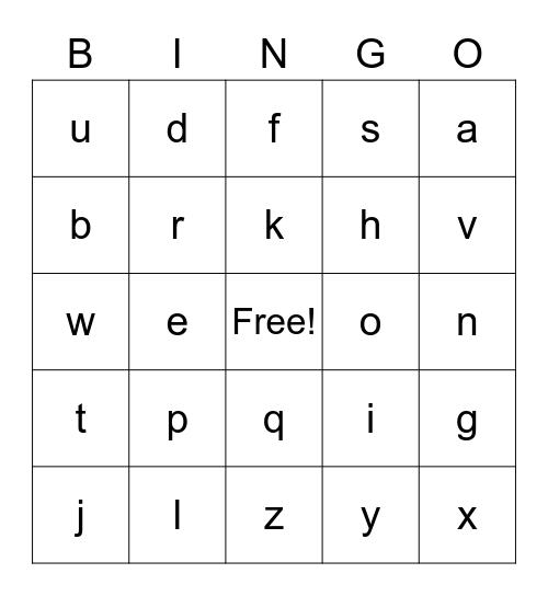 Lower Case Letter Bingo Card