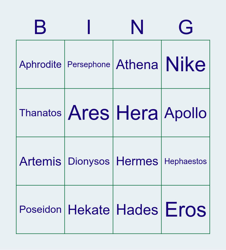 Greek god's Bingo Card