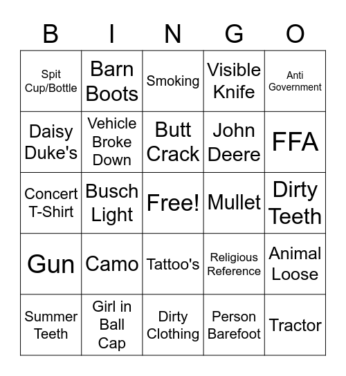 Redneck Bingo Card