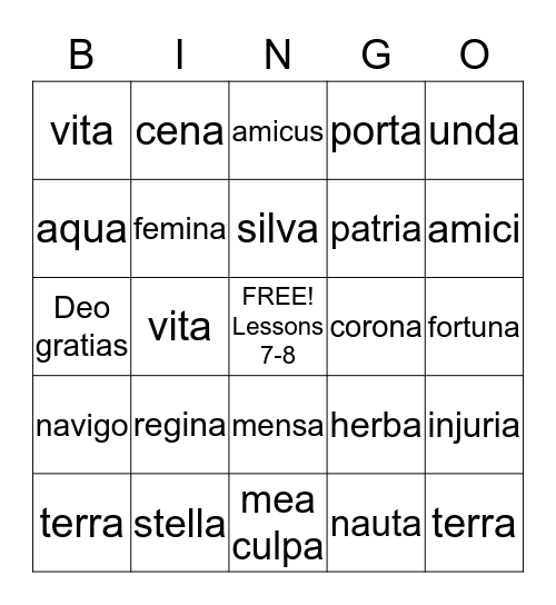 Latin Bingo Card