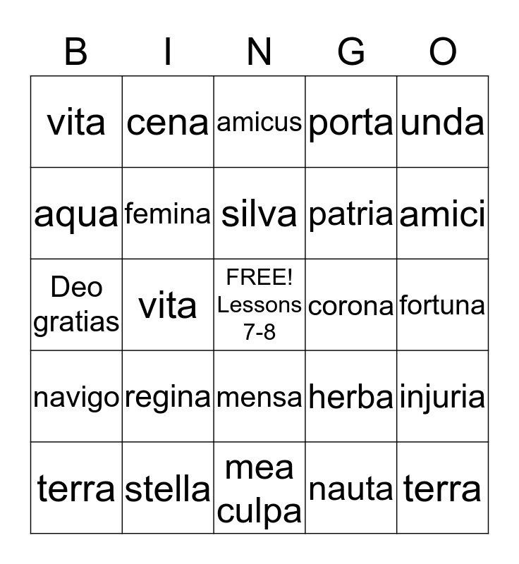 Latin Bingo Card