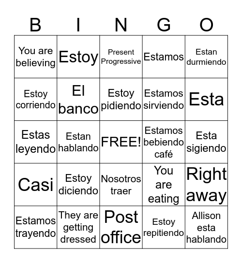 Present Progressive Bingo Card