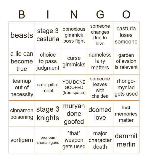 LB6 Epilogue Bingo Card