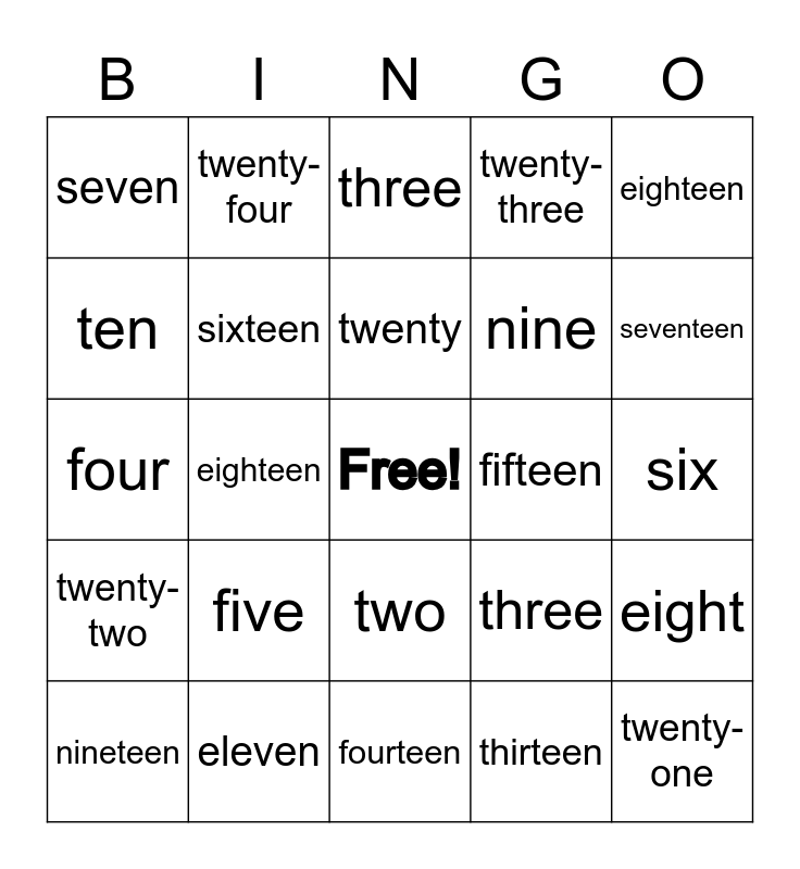 Numbers Bingo Card