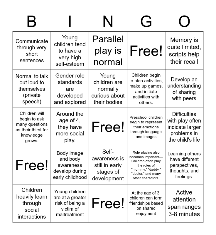 Child Development Bingo Card