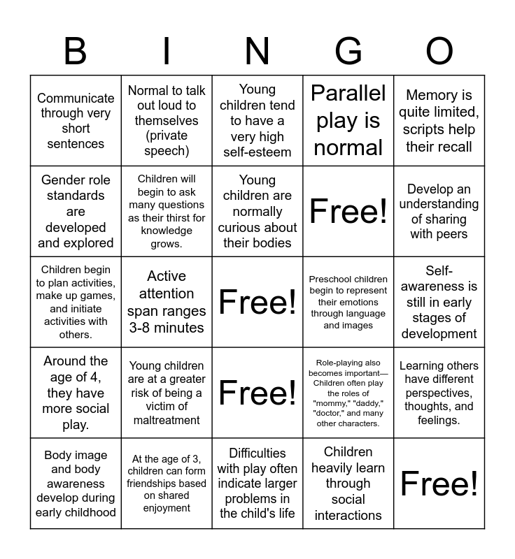 Child Development Bingo Card