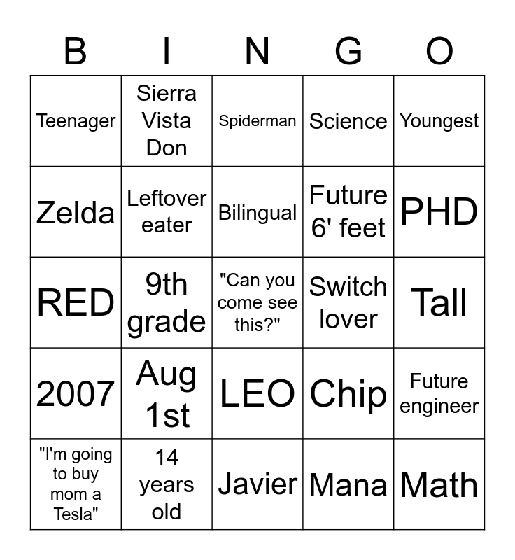 Cesar's Birthday Bingo Card