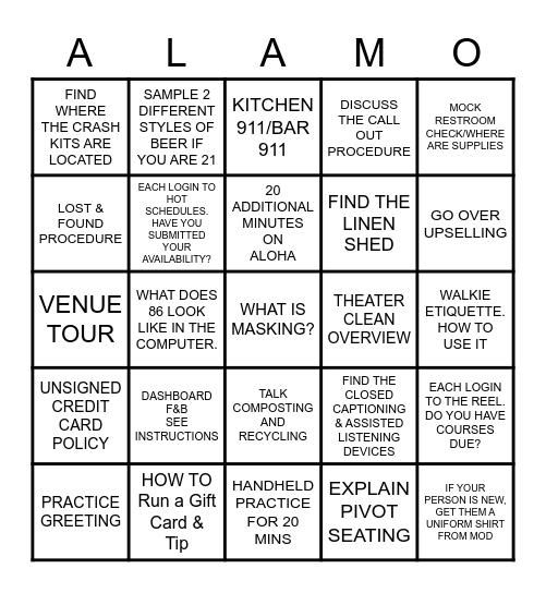 ALAMO TRAINING BINGO Card