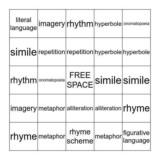 Figurative Language & Poetic Devices Bingo Card