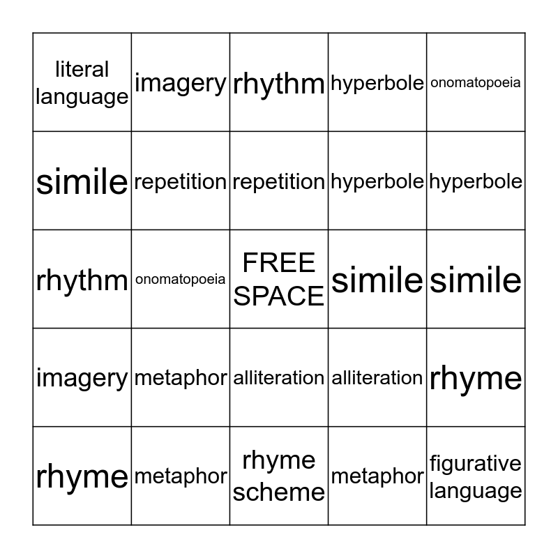 Figurative Language & Poetic Devices Bingo Card