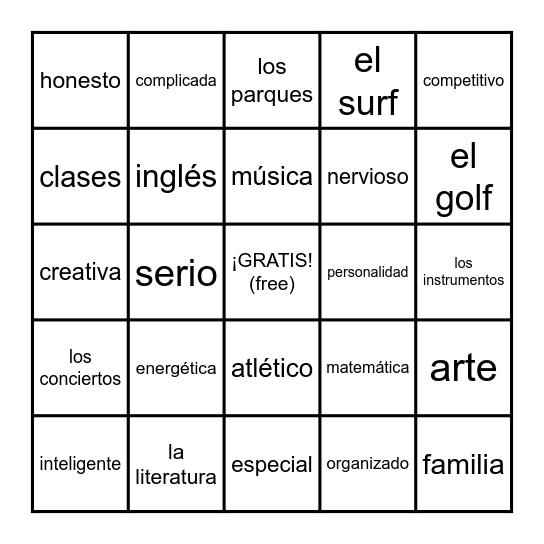 Spanish Cognates (unit 1) Bingo Card