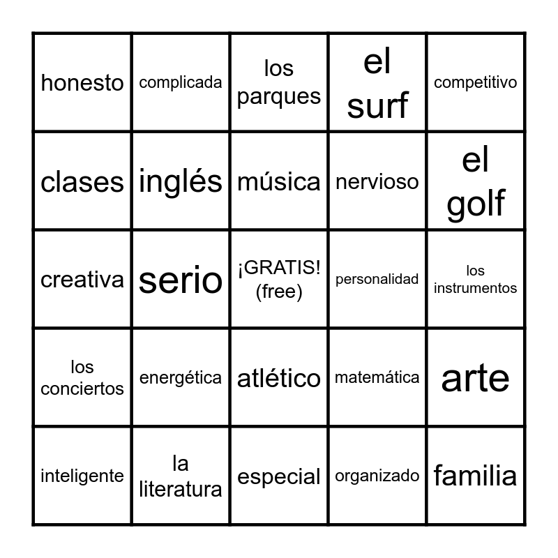 Spanish Cognates (unit 1) Bingo Card